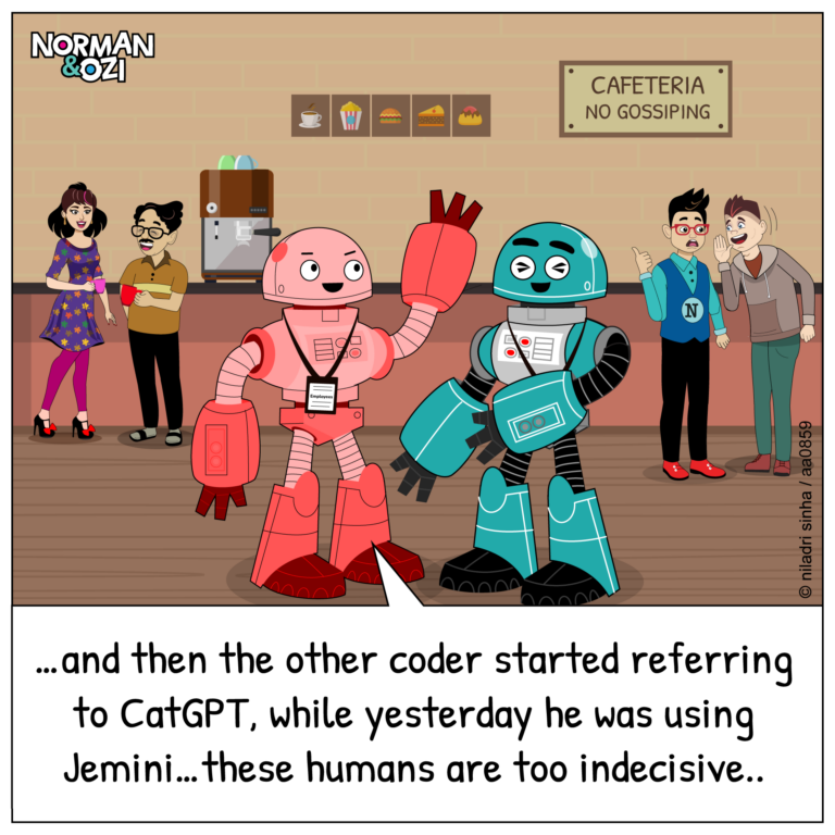 Funny AI Workplace Cartoon: When Robots Start Gossiping About Humans